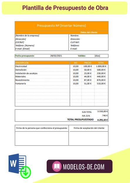 Plantilla De Presupuesto De Obra En Word Y Excel Gratis