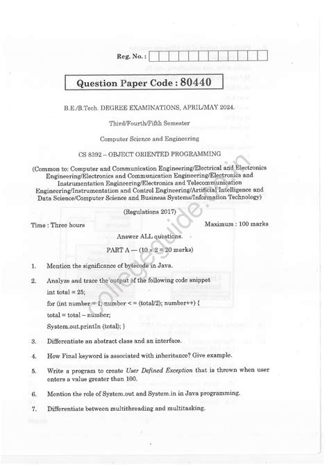 Cs8392 Object Oriented Programming R2017 Anna University Question Paper