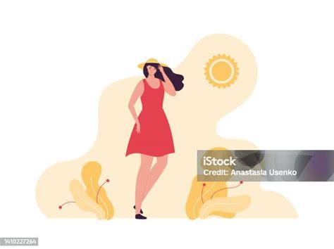 환경 문제와 극한의 날씨 개념 벡터 플랫 피플 일러스트레이션 열사병 증상이있는 드레스와 모자의 열파 태양 기호와 여성 캐릭터 8