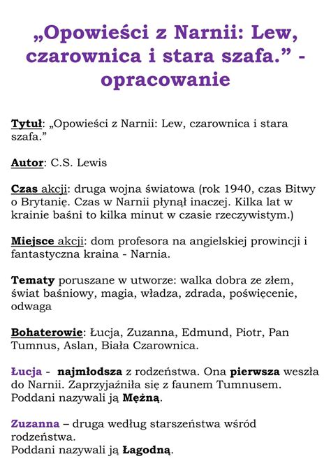 najważniejsze informacje opowieści z narnii lew czarownica i stara