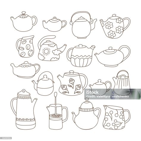 귀여운 낙서 찻 주전자 세트 빈티지 주방 식기 컬렉션 세라믹 또는 도자기 기구 벡터 일러스트 레이 션 찻주전자와 주전자가 흰색에 분리되어 있습니다 0명에 대한 스톡 벡터