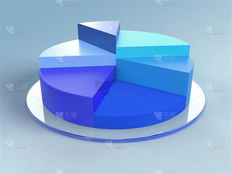 3d渲染饼图与不同大小的部分在玻璃讲台上的蓝色。数据、图表或百分表的概念性说明。3 D显示统计数据。