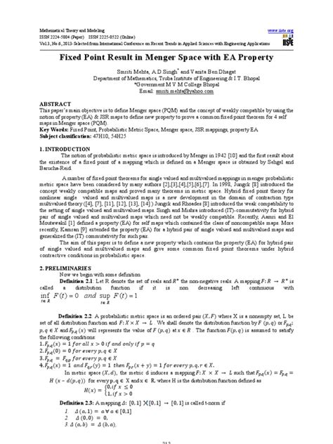 Fixed Point Result In Menger Space With Ea Property Pdf Sequence