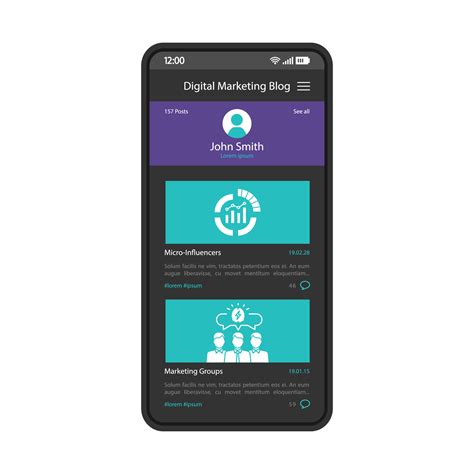 Blogging App Smartphone Interface Vector Template Mobile Page Black Design Layout Blog Posts