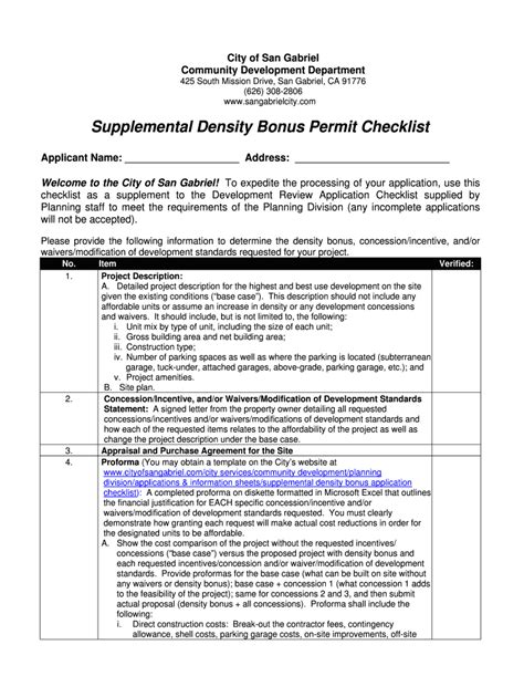 Fillable Online Supplemental Density Bonus Permit Checklist City Of
