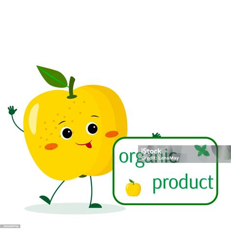 귀여운 노란색 애플 만화 캐릭터 유기농 식품의 접시를 보유 하고있다 건강한 생활방식에 대한 스톡 벡터 아트 및 기타 이미지 건강한 생활방식 건강한 식생활 과일