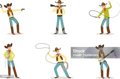 재미 만화 캐릭터 의 웨스턴 카우보이 와 와일드 웨스트 속성 벡터 일러스트 세트 설정 고립 에 화이트 배경 카우보이에 대한 스톡 벡터 아트 및 기타 이미지 Istock