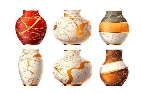 일본 Kintsugi 도자기 예술 배경 만화 벡터 일러스트 레이 션에 고립 프리미엄 벡터