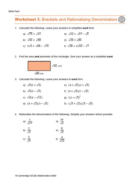 Brackets And Rationalising Denominators Worksheet Pdf