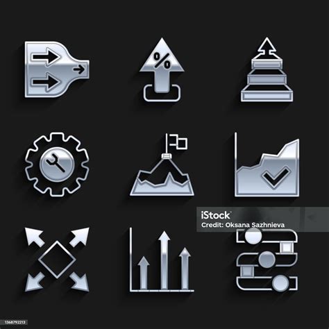 플래그 원형 차트 인포그래픽 그래프 차트 다이어그램 재무 성장 증가 방향 화살표 렌치 및 기어 피라미드 인포그래픽 및 화살표 아이콘으로 산을 설정합니다 벡터 개념에 대한