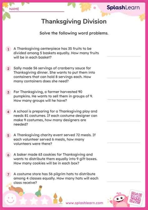 Divide 2 Digit Numbers By 1 Digit Numbers Thanksgiving Word Problems