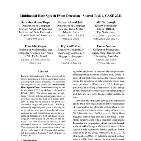Multimodal Hate Speech Event Detection Shared Task 4 Case 2023 Acl Anthology