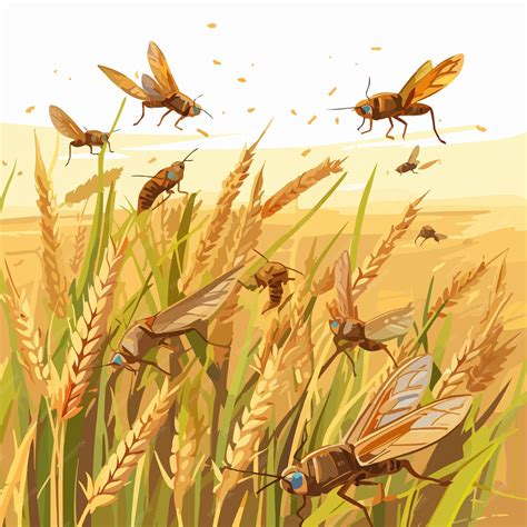 Swarm Of Locusts Attacking Plants In Field Vector Illustration