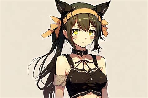 Cute Anime Girl With Cat Ears And Tail Manga Style Character