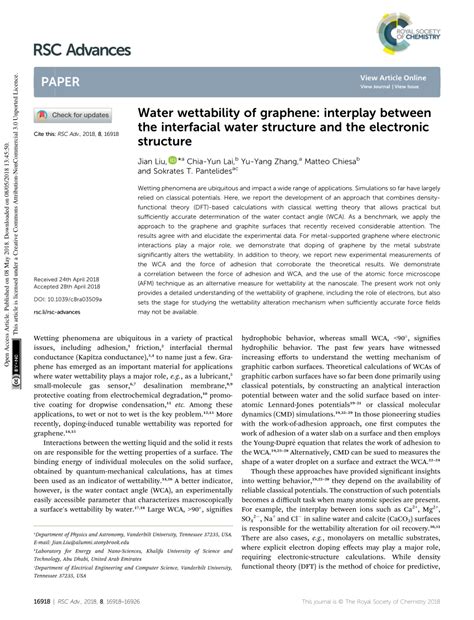 Pdf Water Wettability Of Graphene Interplay Between The Interfacial Water Structure And The