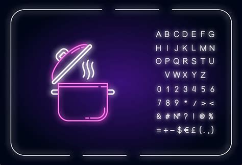 요리 냄비 네온 라이트 아이콘 캐서롤 레시피 냄비에 증기 귀여운 주방용품 외부 빛나는 효과 알파벳 숫자 및 기호로 서명합니다 벡터 격리 Rgb 색상 그림 뚜껑에 대한 스톡