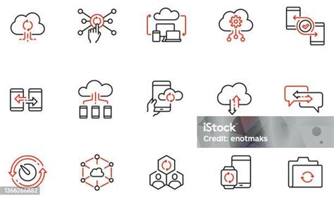 네트워크 클라우드 서비스 클라우드 스토리지 데이터 전송 및 동기화와 관련된 선형 아이콘의 벡터 집합입니다 모노 라인 픽토그램 및 인포그래픽 디자인 요소 클라우드 컴퓨팅에