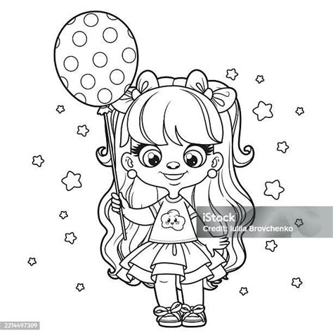 귀여운 만화 장발 아기 소녀와 물방울 무늬 풍선 손에 흰색 배경에 페이지를 색칠 귀여운에 대한 스톡 벡터 아트 및 기타 이미지 귀여운 긴 머리 낙서 드로잉 Istock