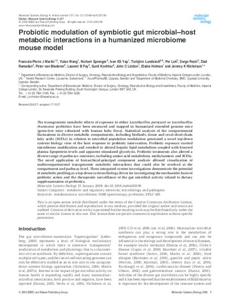 Pdf Probiotic Modulation Of Symbiotic Gut Microbialhost Metabolic Interactions In A Humanized