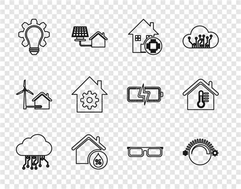 Set Line Internet Of Things Thermostat Smart Home House Humidity Light Bulb And Gear