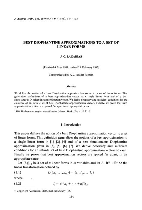 Pdf Best Diophantine Approximations To A Set Of Linear Forms