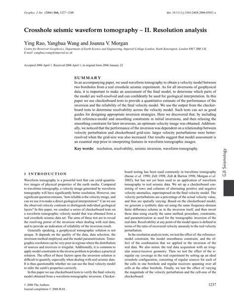 Pdf Crosshole Seismic Waveform Tomography Ii Resolution Analysis