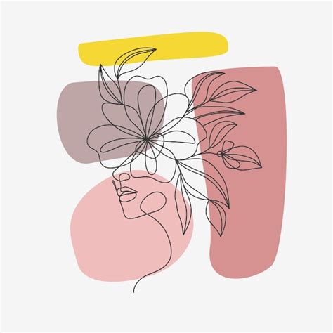 라인 아트 스타일의 여자 얼굴과 꽃 프리미엄 벡터