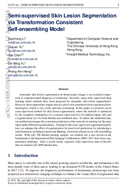 Pdf Semi Supervised Skin Lesion Segmentation Via Transformation Consistent Self Ensembling