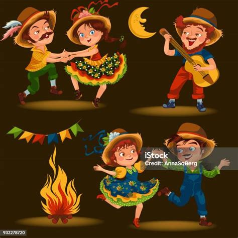 여름 축제에 살사 춤 젊은 여자 포르투갈 페 드 상 호 밀 짚 모자 전통적인 축제 댄스 휴일 파티 댄서 축제 사람들이 카니발 개념 벡터 일러스트 레이 션에 여자에에서 축 하