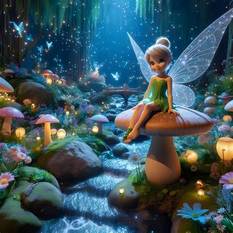 Tinkerbell Sitting On A Mushroom Near A Water Stream Premium Ai Generated Image