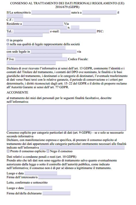 Modulo Consenso Al Trattamento Dei Dati Personali Word E Pdf