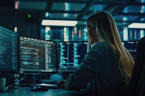 Premium Photo Female It Programmer In Data Center With Team Coding