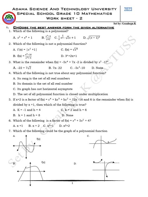 Grade 10 Work Sheet 2 Pdf Polynomial Function Mathematics