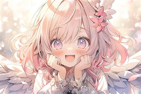 Portrait Of A Cute Happy Smiling Angel Girl With Pink Hair In Anime