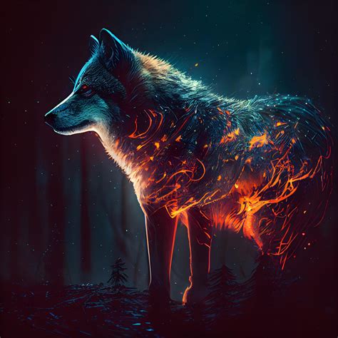 Illustration Of Wolf In The Dark Forest With Fire Effect Elements Of