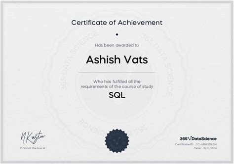Ashish Vats On Linkedin Certificate Of Achievement Sql 365 Data Science