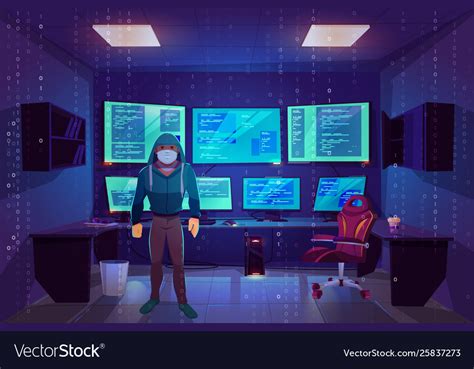 Hacker In Server Room Multiple Computer Monitors Vector Image