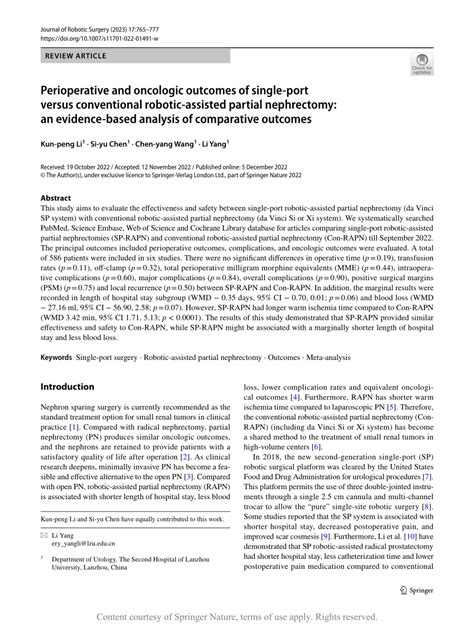 Perioperative And Oncologic Outcomes Of Single Port Versus Conventional Robotic Assisted Partial