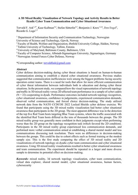 Pdf A 3d Mixed Reality Visualization Of Network Topology And Activity Results In Better Dyadic