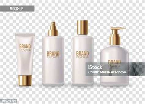 고급 화장품에 대한 현실적인 패키지의 집합입니다 골드 캡플라스틱 용기 액체 스킨 케어 크림 또는 젤용 병 투명 한 배경에 벡터
