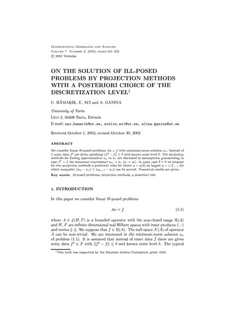 Pdf On The Solution Of Ill‐posed Problems By Projection Methods With A Posteriori Choice Of