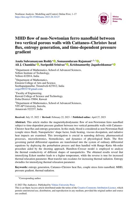 Pdf Mhd Flow Of Non Newtonian Ferro Nanofluid Between Two Vertical Porous Walls With Cattaneo