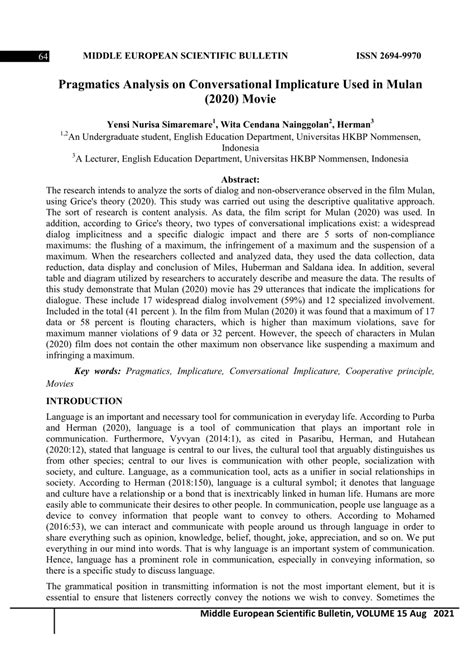 PDF Pragmatics Analysis On Conversational Implicature Used In Mulan 2020 Movie
