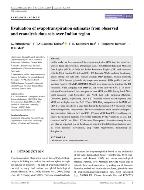 Pdf Evaluation Of Evapotranspiration Estimates From Observed And Reanalysis Datasets Over