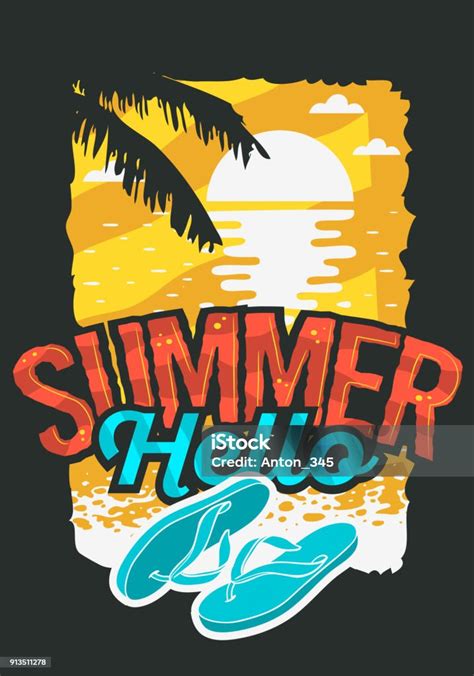 안녕하세요 물과 플립 퍼 슬리퍼 해변 위의 일출과 여름 포스터 디자인 일러스트 신발 계절에 대한 스톡 벡터 아트 및 기타 이미지