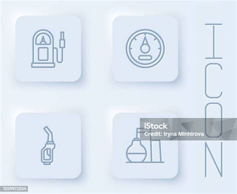 세트 라인 휘발유 또는 주유소 모터 게이지 가솔린 펌프 노즐 및 오일 탱크 저장 흰색 사각형 버튼입니다 벡터 0명에 대한 스톡 벡터 아트 및 기타 이미지 Istock