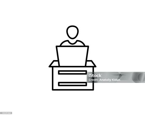 원격 작업 책상 디자이너 프리랜서에서 라인 기호 노동자 남자 코워킹 및 작업장 또는 작업 공간의 집합 아이콘에서 윤곽선 스타일의
