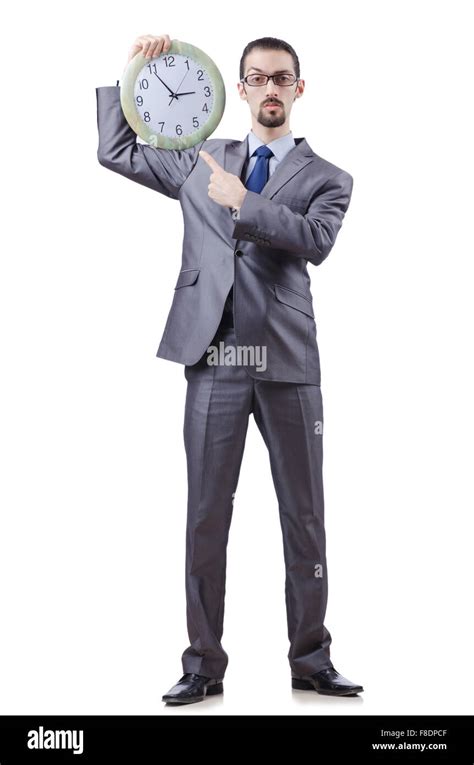 Man With Clock Isolated On White Stock Photo Alamy
