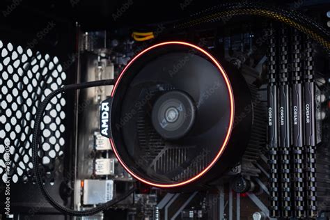 Macro Photography Of A Modern Amd Cooler With A Beautiful Red Light And Corsair Computer Gaming