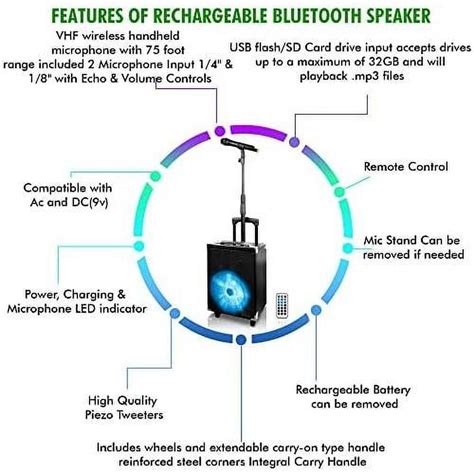 Rechargeable Watts Power Bluetooth Speaker With Retractable Mic Stand And Wireless